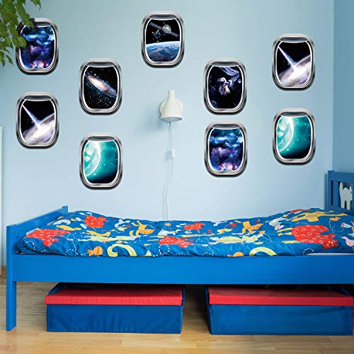 6 Pieces 3D Space Capsule Window Wall Decal Outer Space Wall Stickers Spacecraft Astronaut Wall Mural Poster for Kids Nursery Bedroom Home Decoration, 11 x 15 Inches