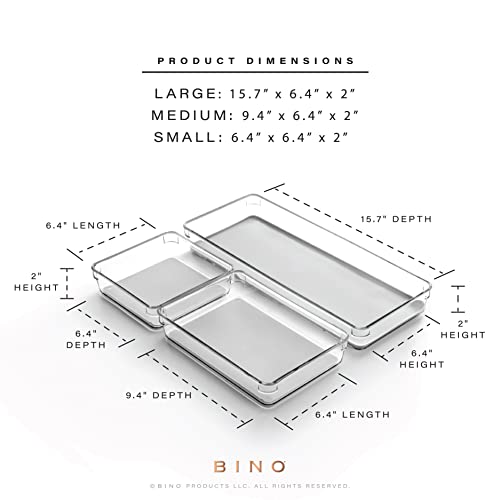 BINO | 3-Piece Drawer Organizer Bin Set - Grey, Large | THE MODULAR+ | Multi-Purpose Storage | Soft-Grip Lining and Non-Slip Rubber Feet | Durable | BPA-Free | Desk Drawer Organizer | Vanity Organizer