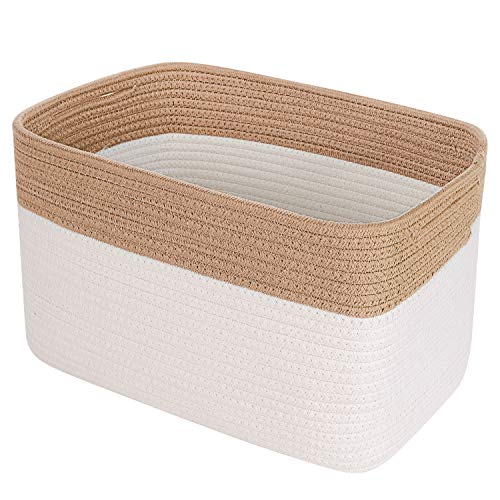 ANMINY 3PCS Woven Cotton Rope Storage Baskets with Handles Large Washable Basket Set Decorative Storage Bins Boxes Blanket Clothes Towel Laundry Organizer Containers - White/Brown