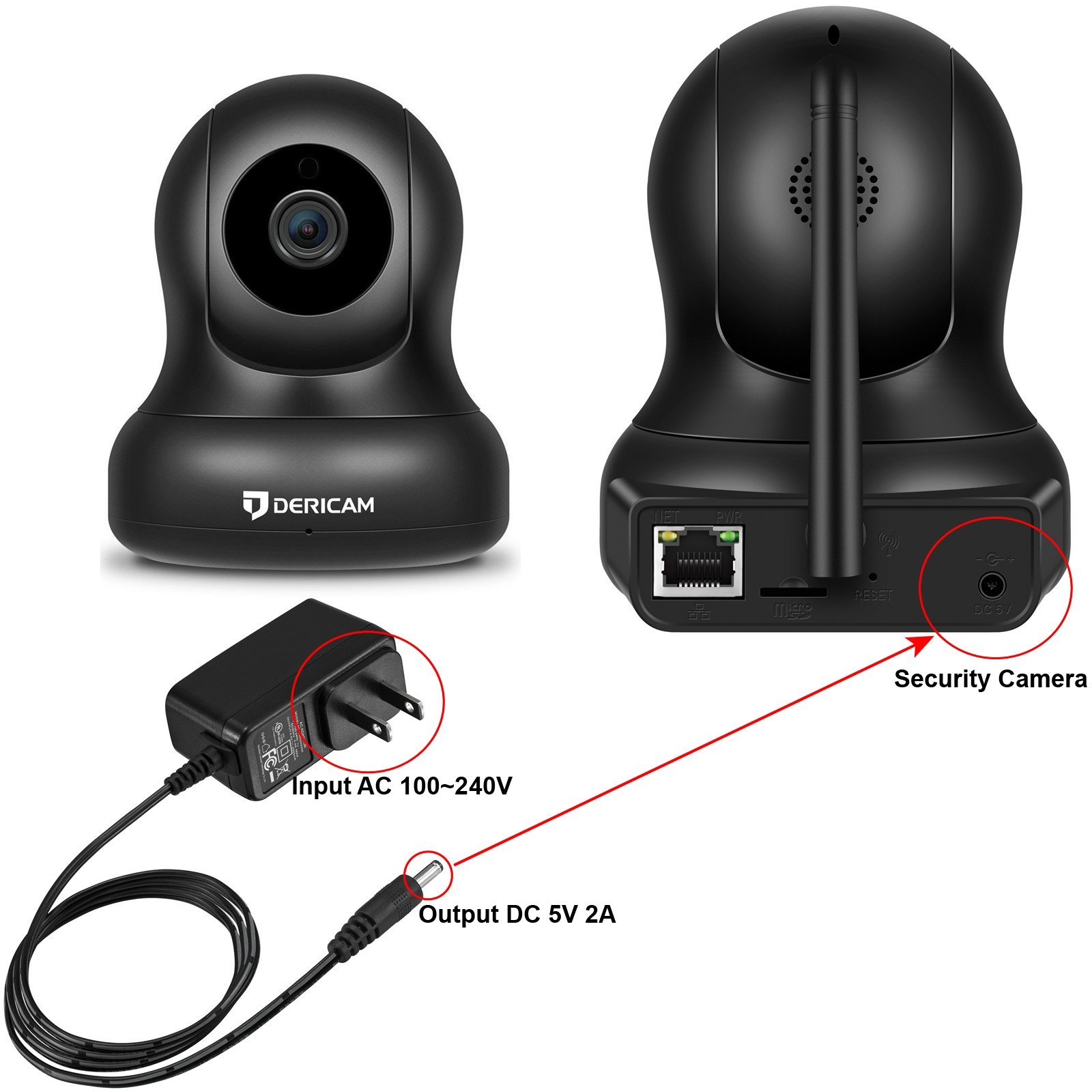 5V 2A DC Power Supply Adapter for IP/CCTV Security Dericam Camera, 5ft/1.5 Meter AC to DC Power Cord, Wall Charger, Output DC 5V 2000mA, Input AC 100V-240V/50 or 60Hz/0.4A Max, US Plug, Black