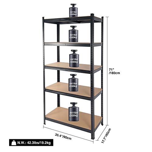 ALBOMI 35" W x 18" D x 71" H Adjustable Metal Garage Shelving Unit, 5-Tier Heavy Duty Garage Storage Shelves with Board, Multipurpose Storage Shelves Rack for Garage Basement Warehouse Office, Black