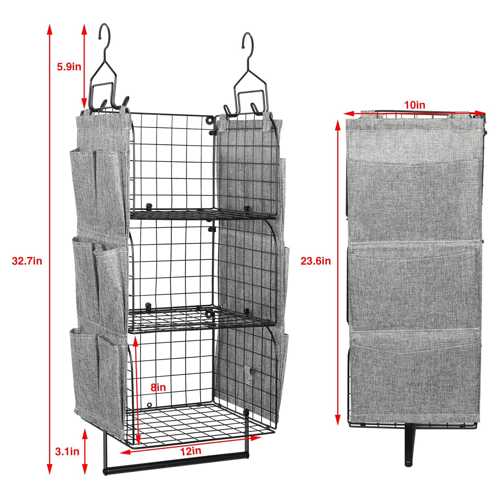 3 Tier Hanging Shelves Wall Mount Metal Wire Basket with 9 Canvas Pockets &Removable Hooks,Foldable 3-Shelf Clothing Closet Storage Organizer for Bedroom Baby Nursery Cloth Sweaters Handbags Cap Black