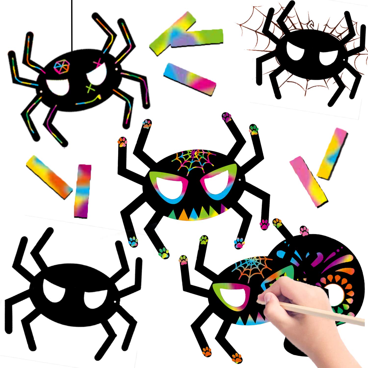 24 Pack Magic Scratch Paper Art Masks Set for Kids Rainbow Painting DIY Crafts Black Supplies Coloring Kits for Halloween Birthday Party Favors Creative Gift Bat Pumpkin Spider Wizard Hat Skull Ghost