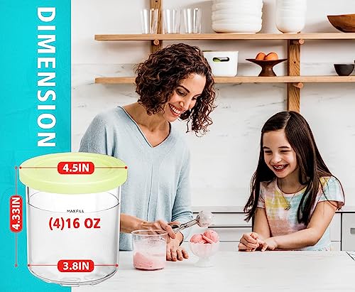 4 Pack Containers Extra Replacement for Ninja Creami Pints and Lids, (16oz) Cups Compatible with NC301 NC300 NC299AMZ Series Ice Cream Maker - Dishwasher Safe, Leak Proof Lids Pink-Mint-Grey-Blue