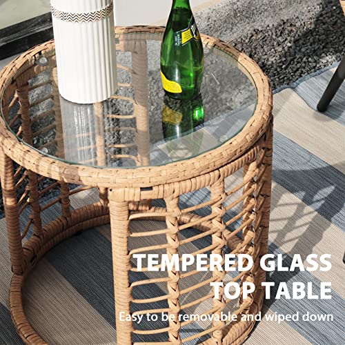 JOIVI 3 Piece Outdoor Wicker Furniture Bistro Set, Patio Rattan Conversation Set with Round Glass Top Coffee Side Table, Cushions and Lumbar Pillows for Porch, Backyard, Deck