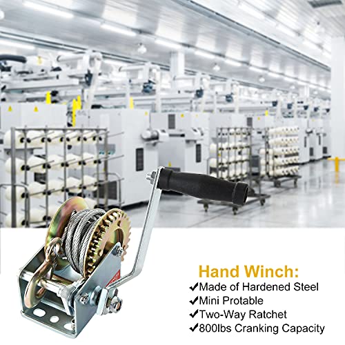 ASelected 800lbs Capacity Heavy Duty Hand Winch, Crank Strap Gear Boat Winch with 26FT Steel Cable and Hook, Manual Lifting Winches for Boat Trailer ATV or Shop Crane, Small Hoist for Deer Feeder