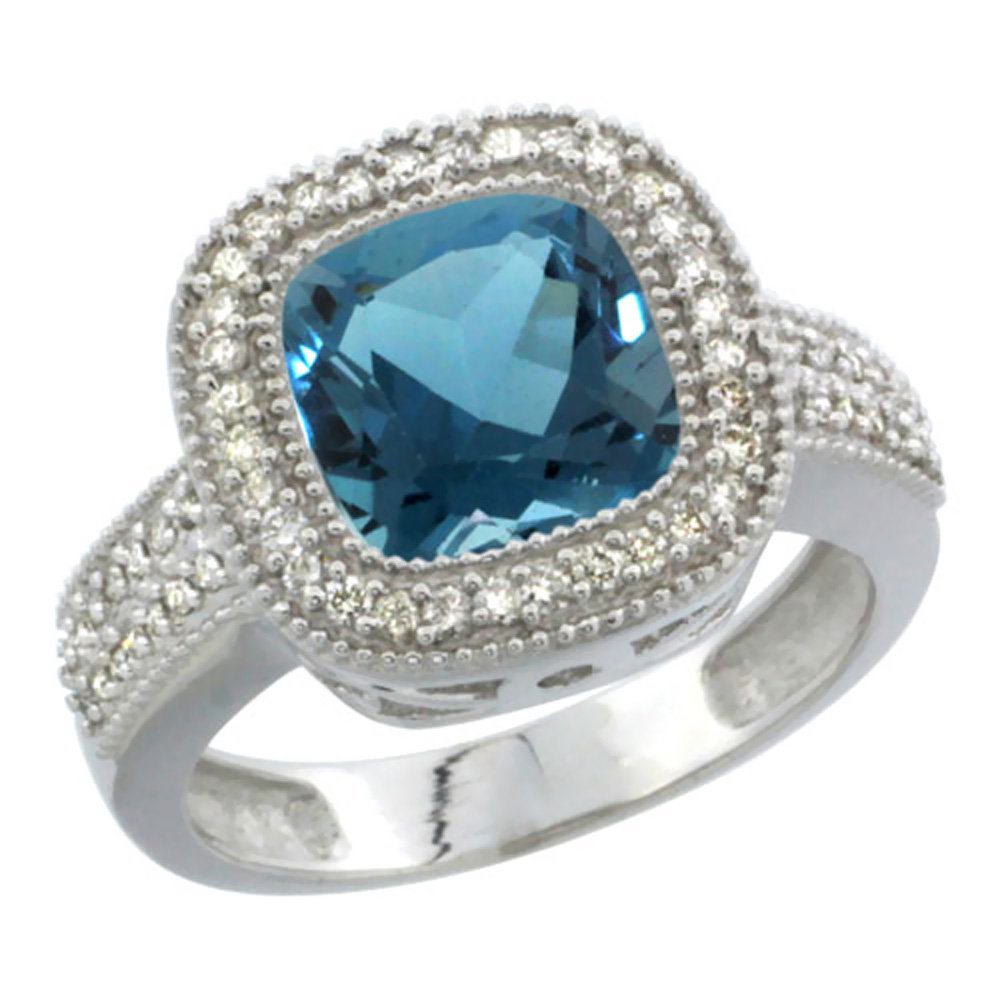 10K White Gold Natural London Blue Topaz Ring Cushion-cut 9x9mm Diamond Accent, size 10