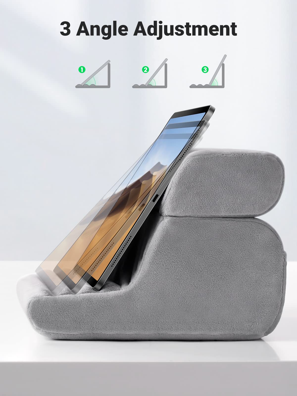UGREEN Tablet Pillow Stand for Lap Soft Holder Bed with 3 Viewing Angles Adjustable Home Office Accessories Compatible for iPad Pro 13 12 11 10.5 Air Mini 5 4 3 2 Phone 16 15 14 E-Reader Grey