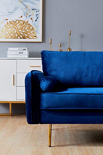 JULYFOX Blue Velvet Fabric Sofa Couch, 71 inch Wide Mid Century Modern Living Room Couch with Side Storage Fashion Golden Legs for Small Spaces