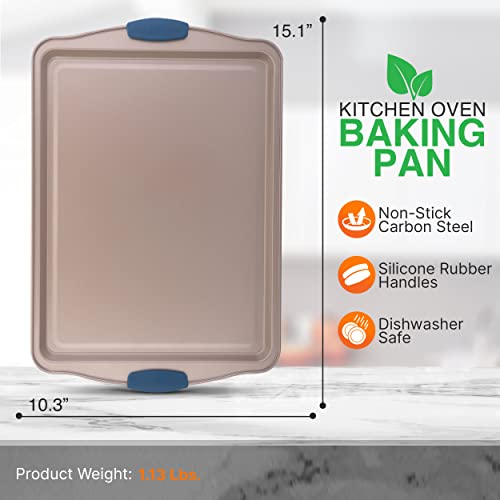 15” Non Stick Cookie Sheet, Large Gold Commercial Grade Restaurant Quality Carbon Steel Bakeware with Blue Silicone Handles, Compatible with Models NCSBSG63, NCSBSG60