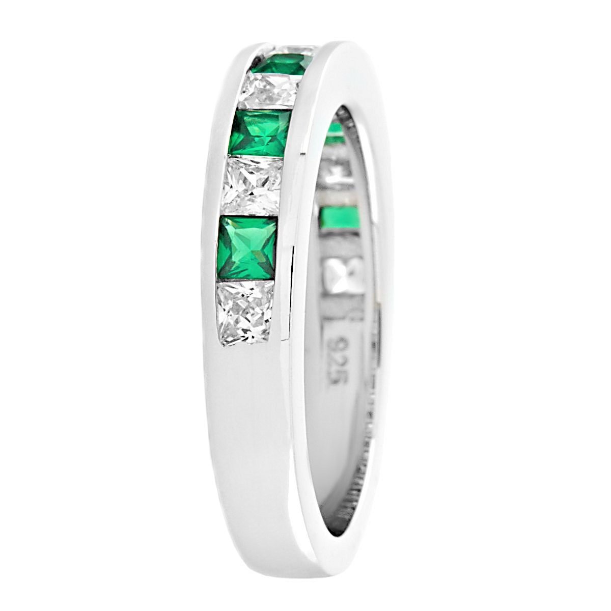 1000 Jewels Olympia B: Princess-cut Simulated Emerald & IOF CZ Semi-Eternity Wedding Band Silver, 30244 sz 7.0