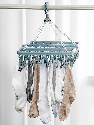 2 Pack Clothes Drying Hanger with 32 Clips, Clothes Drying Rack, Foldable Laundry Clip Hanger, Underwear Hangers for Drying, Drip Drying Rack for Drying Socks Lingerie Baby Clothes Towels Bras