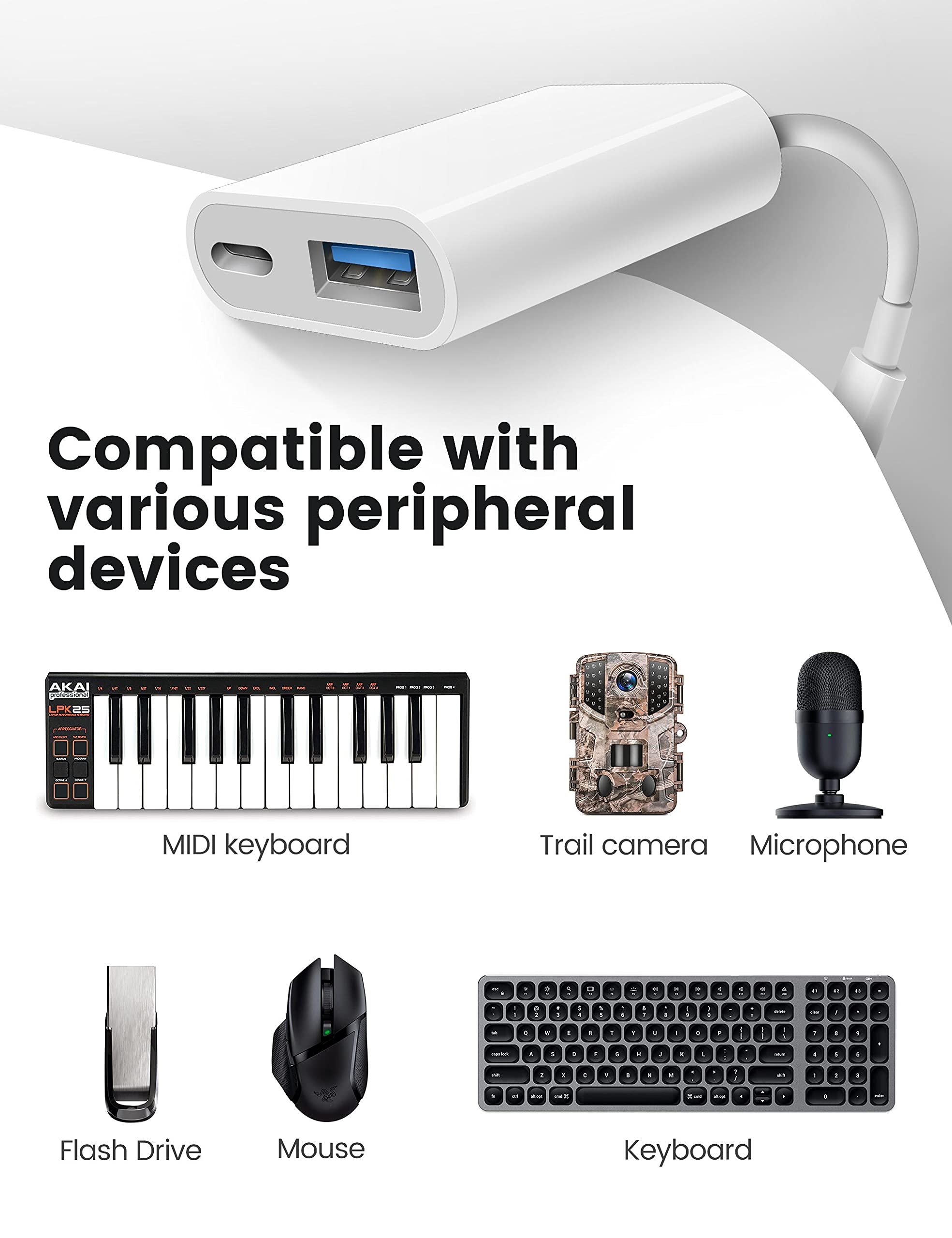 HzyknPower USB Adapter for iPad/iPhone, USB Female Adapter,USB OTG Data Sync Cable,Supports USB Flash Drives,Memory SD Card Readers,MIDI Players,Mouse Keyboards,Plug&Play