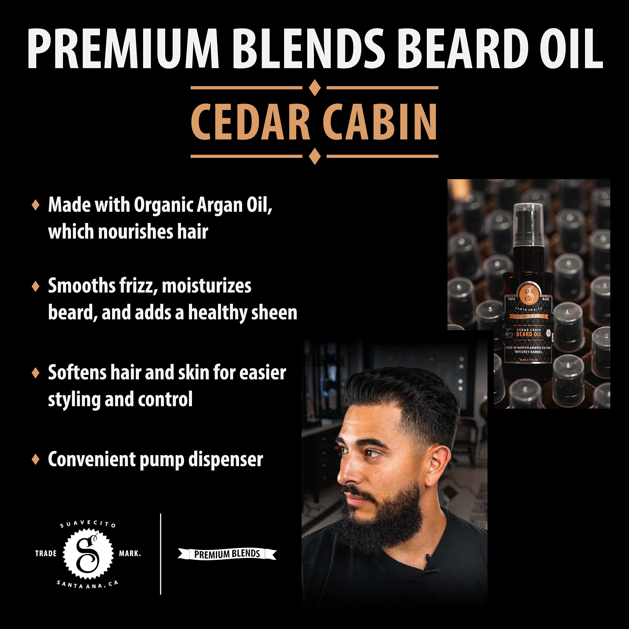 Suavecito Premium Blends Beard Oil - Leave-In Beard Conditioner For Softening Hair, Hydrating Skin, Eliminating Beard Dandruff, Healthy Beard Growth - Cedar Cabin Fragrance - 1 oz
