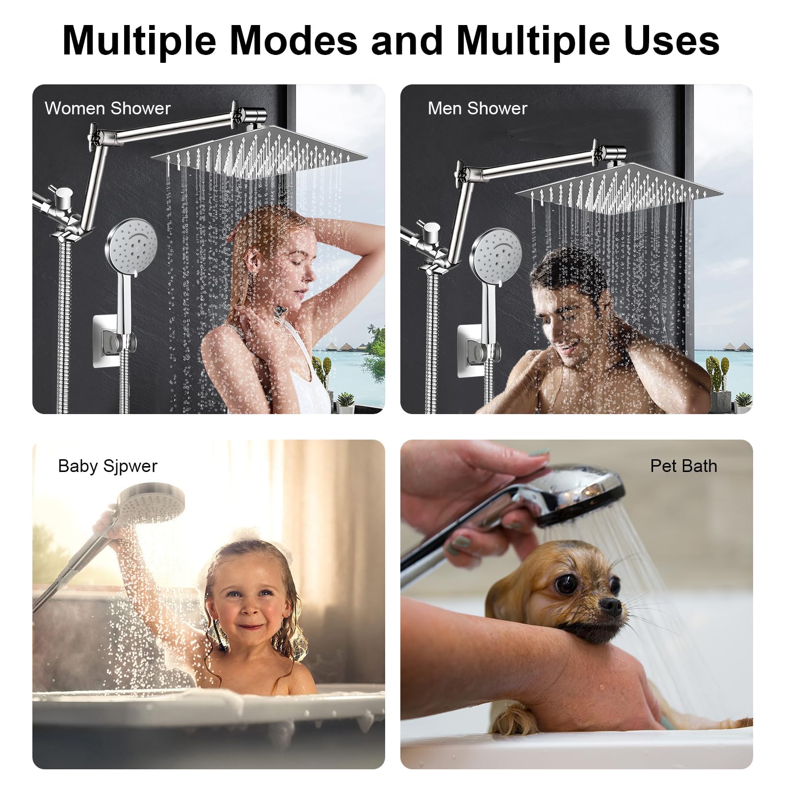 12 Inch Rainfall Shower Head with Handheld Combo, THE FIRST WATERFALL handheld mode Rain Shower Head, Fullbody Showerhead with 15 Inch Adjustable Extension Arm, 6 Setting Spray Modes， Stainless Steel