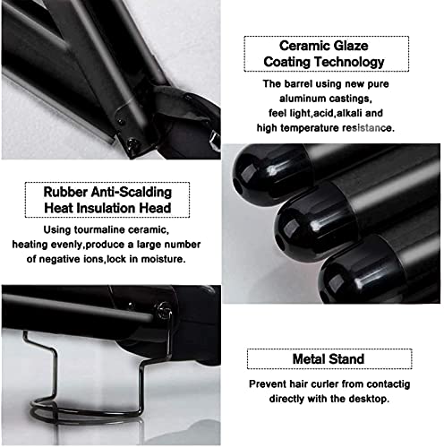 Tourmaline Ceramic 3 Barrel Curling Iron and Waver, 1 Inch - Mermaid Beach Waves, Heat Up Quickly, Black