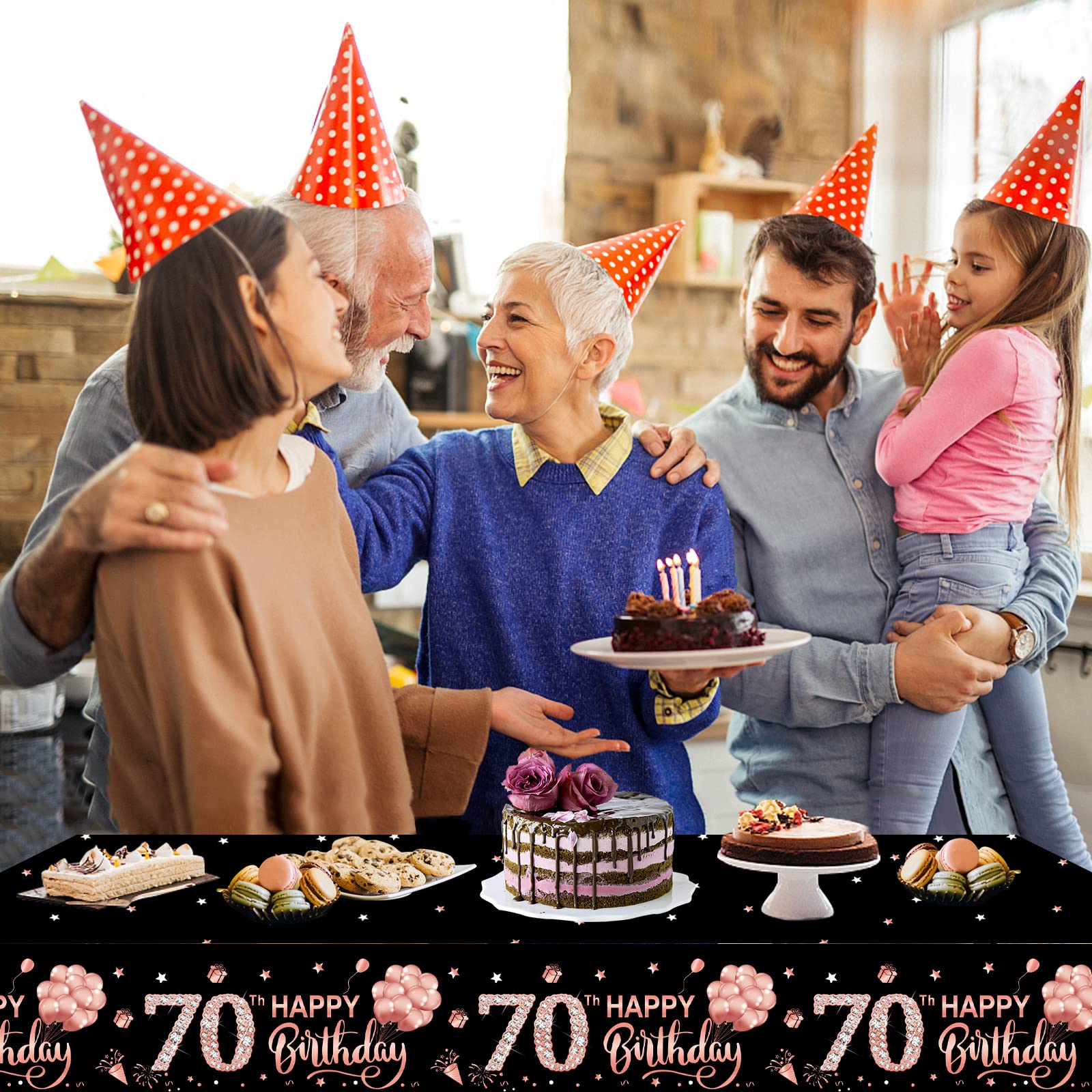 3 Pack 70th Birthday Tablecloth Decorations for Women, Rose Gold Happy Seventy Birthday Theme Table Cover Party Supplies, 70 Year Old Birthday Plastic Disposable Rectangular Table Cloth Decor