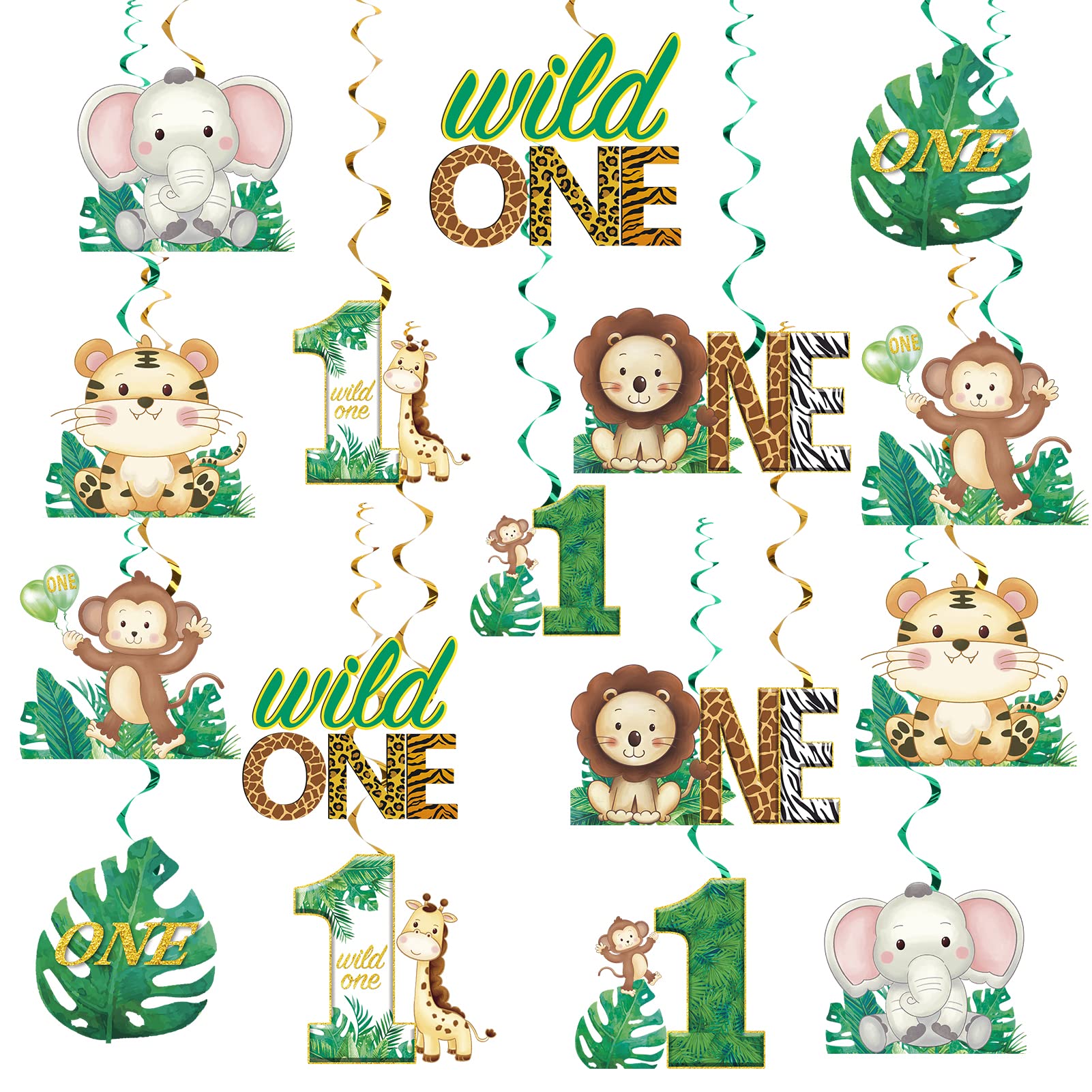 16pcs Wild One Birthday Decorations Hanging Swirls for Boys Girls, Jungle Safari Theme 1st Birthday Foil Swirls Party Supplies, Safari Animal First Bday Ceiling Sign Decor