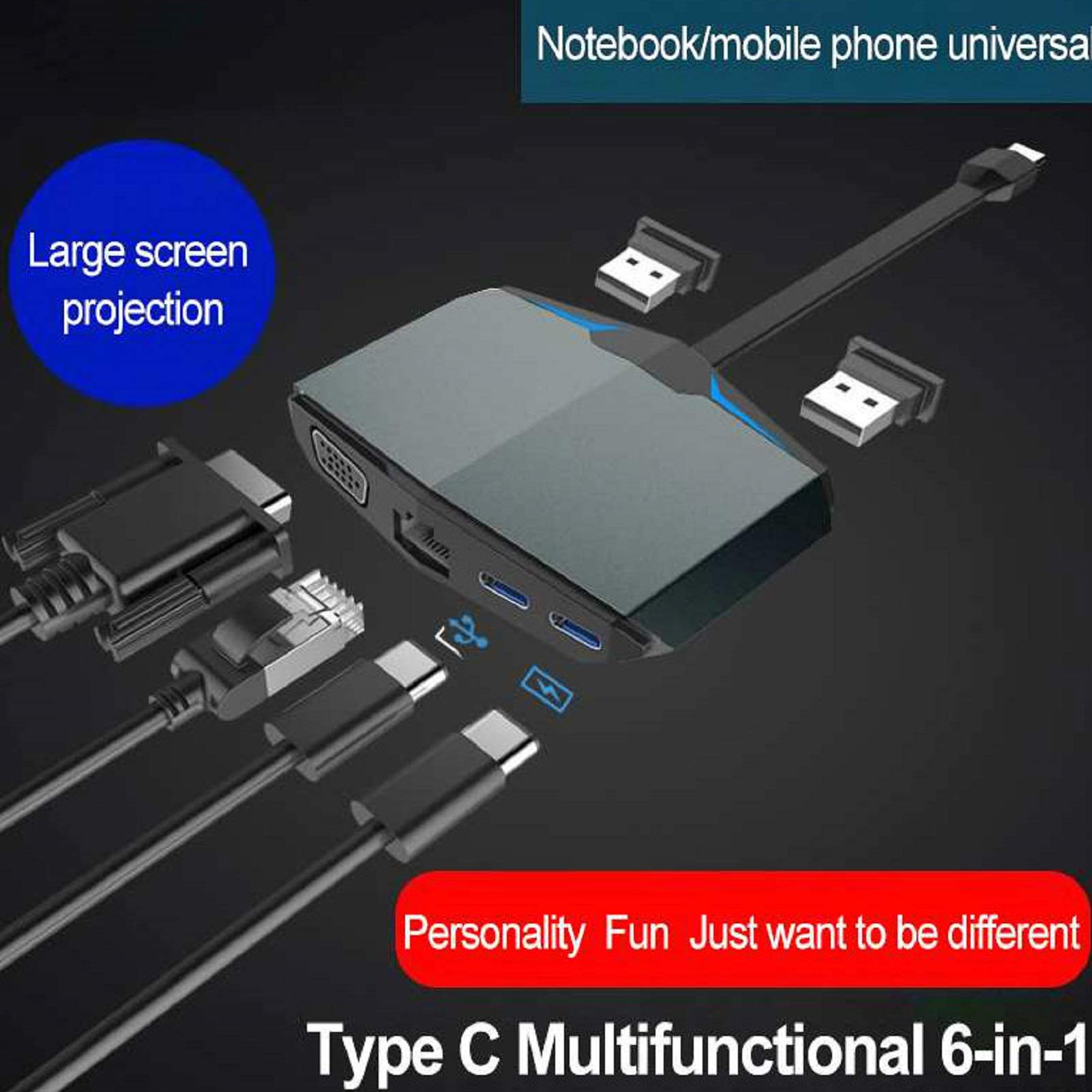 6 in 1 USB-C HUB Docking Station Multi Function Type C to Dual PD USB 3.0 Hubs Converter