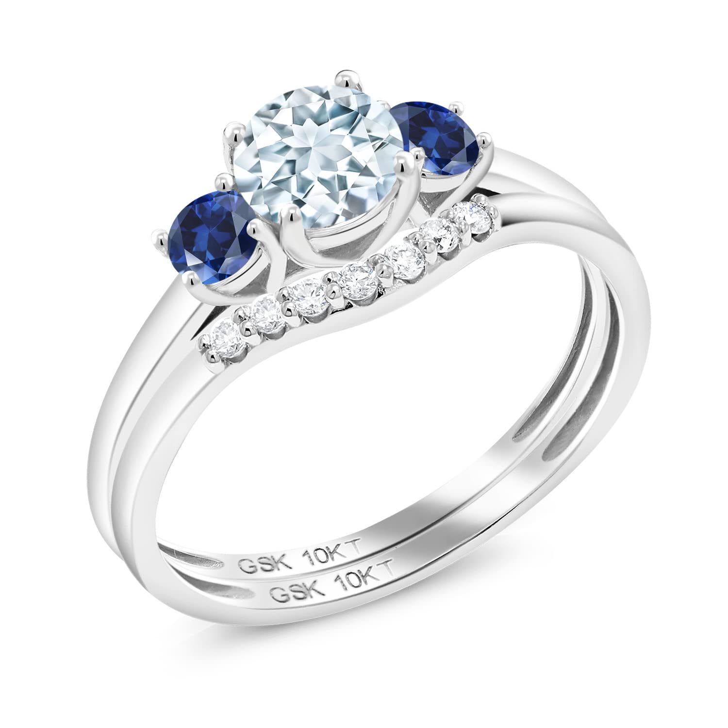 10K White Gold Sky Blue Aquamarine and Blue Created Sapphire and White Lab Grown Diamond 3-Stone Bridal Engagement Wedding Ring Set For Women (0.73 Cttw, Gemstone March Birthstone, Round 5MM, Size 5)