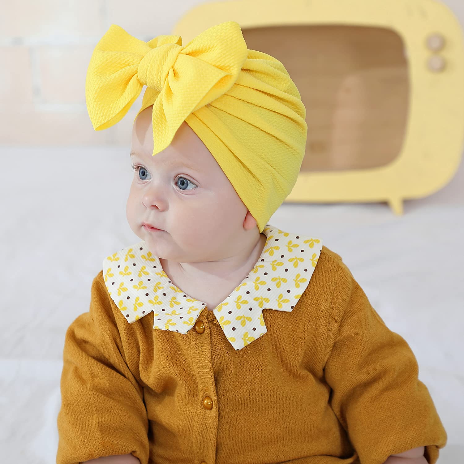 Cinaci 8 Pack Solid Big Knotted Hair Bow Large Bowknot Knot Beanie Turban Hats Caps Headwraps for Baby Girls Infants Toddlers Kids
