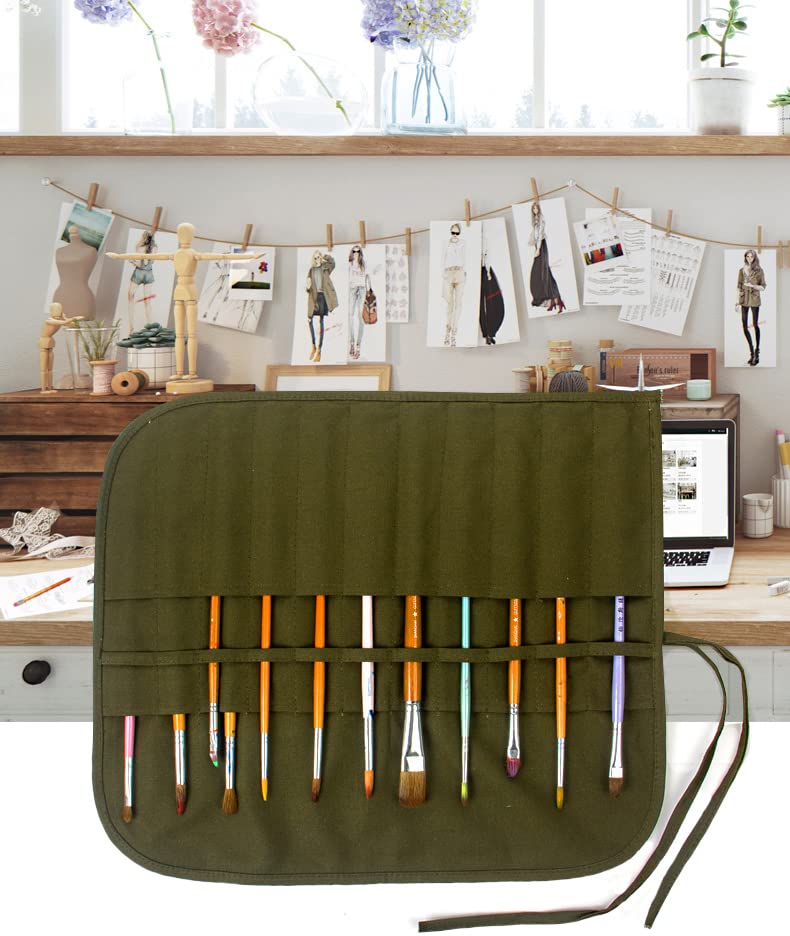 22 Slots Canvas Pencil Roll Wrap Roll Up Pencil Case Large Capacity Art Paint Brush Holder Coloring Pencil Organizer Bag Pen Curtain for Artist Painter Beginner Student Sketch