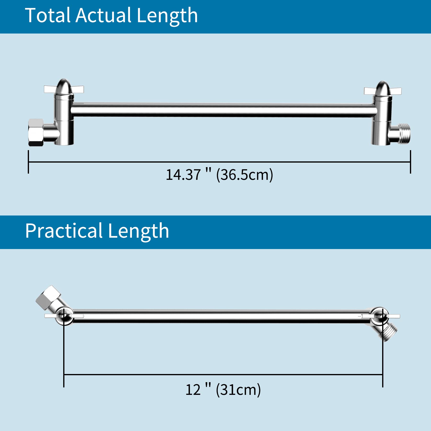 12 Inch Solid Brass Adjustable Shower Head Extension Arm Flexible Height & Angle Shower Arm Extender with Lock Joints, Universal Connection Solid Stainless Steel Shower Extension Arm, Chrome Finish