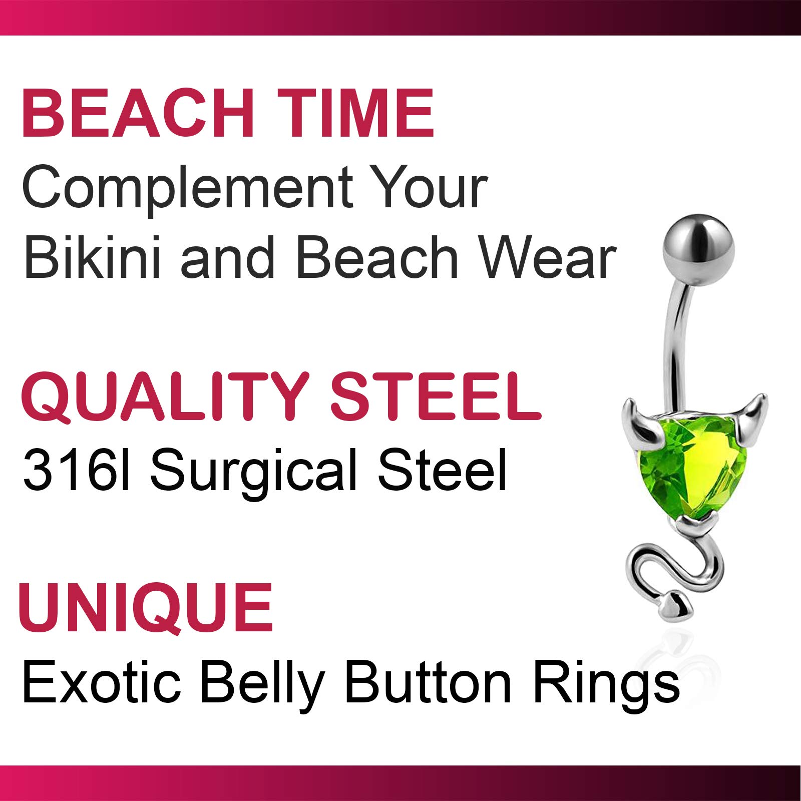 14g 3/8 Belly Button Navel Ring 316L Surgical Steel Bar Red Indian Heart Devil Cubic Zirconia CZ Crystal Piercing Jewelry