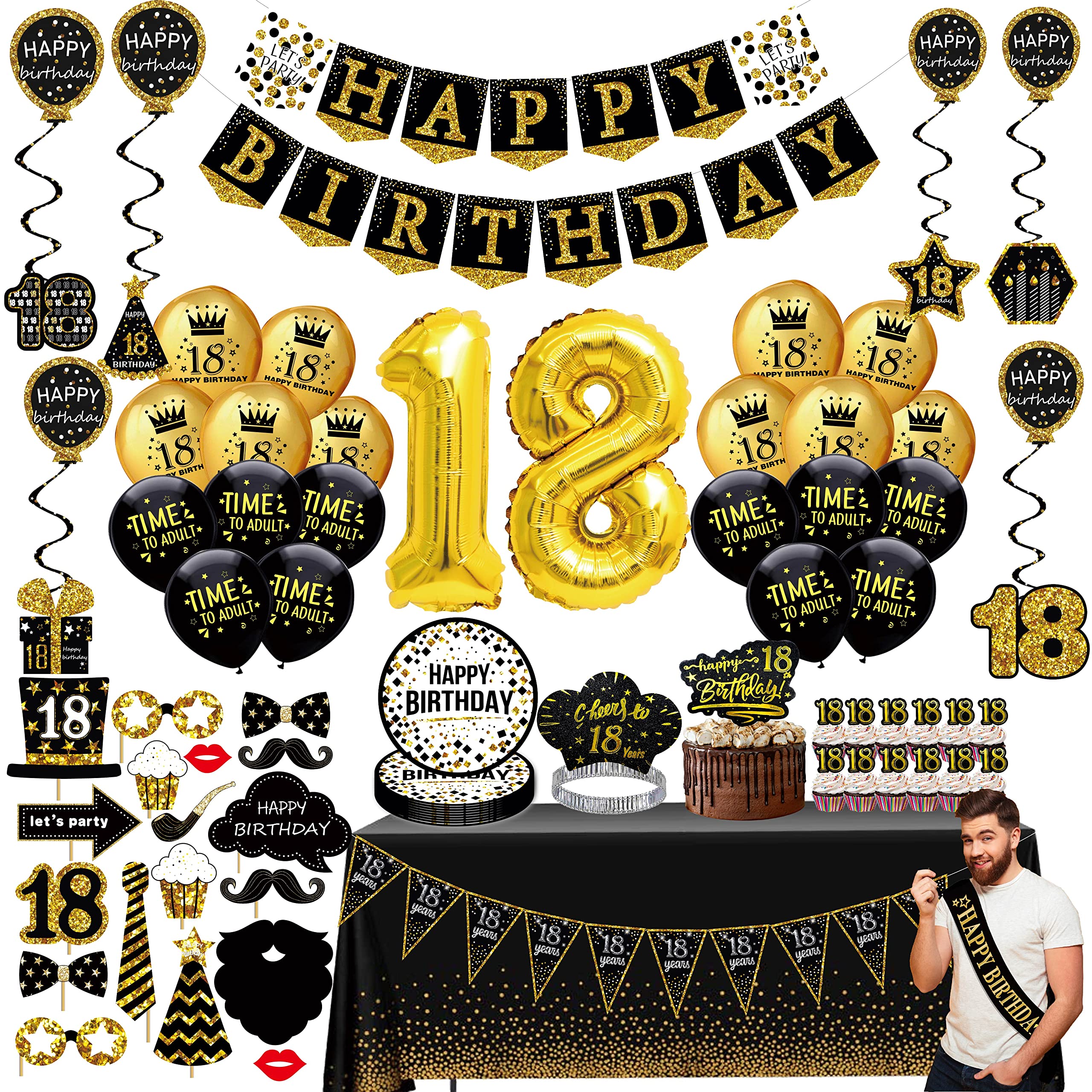18th birthday decorations for boys girls,(76pack) black gold party Banner, Pennant, Hanging Swirl, birthday balloons, Tablecloths, cupcake Topper, Crown, Photo Props, Birthday Sash for men gift