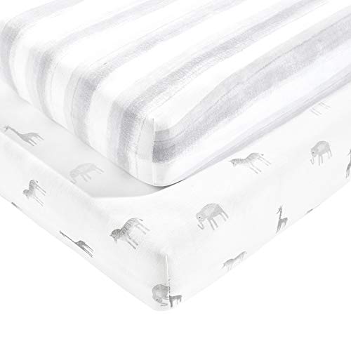 Lush Decor Baby Jungle Adventure Organic Cotton 2 Pack Fitted Crib Sheet, Gray, 52" L x 28" W + 9" Drop