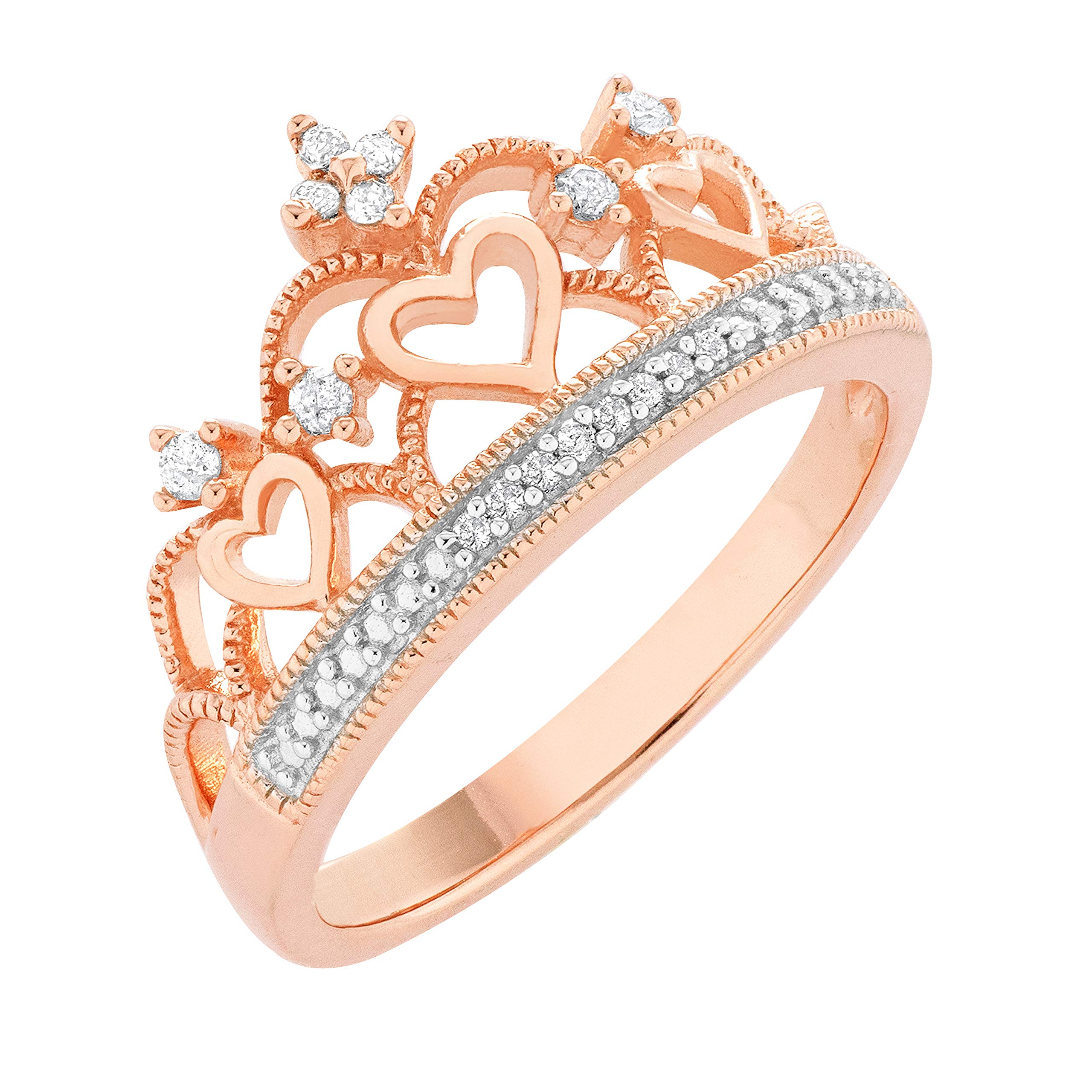 14K Rose Gold Plated .925 Sterling Silver 1/10 Cttw Diamond Heart Crown Ring (I-J Color, I2-I3 Clarity) - Size 7