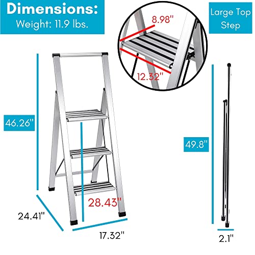 BirdRock Home 3-Step Slim Aluminum Step Ladder - Sturdy Thin Folding Stool - 3 Anti-Slip Steps - Wide Platform - Great for Your Kitchen, Pantry, Closets, or Home Office - Indoor Stool - Silver