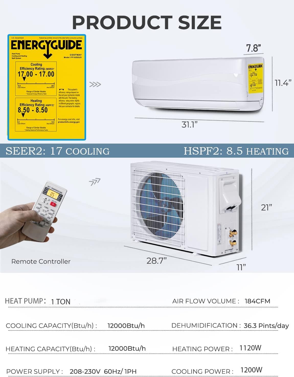 12000BTU Mini Split Air Conditioner and Heater -SIMOE Ductless Inverter Mini Split AC/Heating System with 1 Ton Heat Pump, 208-230V 17 SEER2 Wall-mounted AC, Cools Up to 750 Sq. Ft Energy Efficient