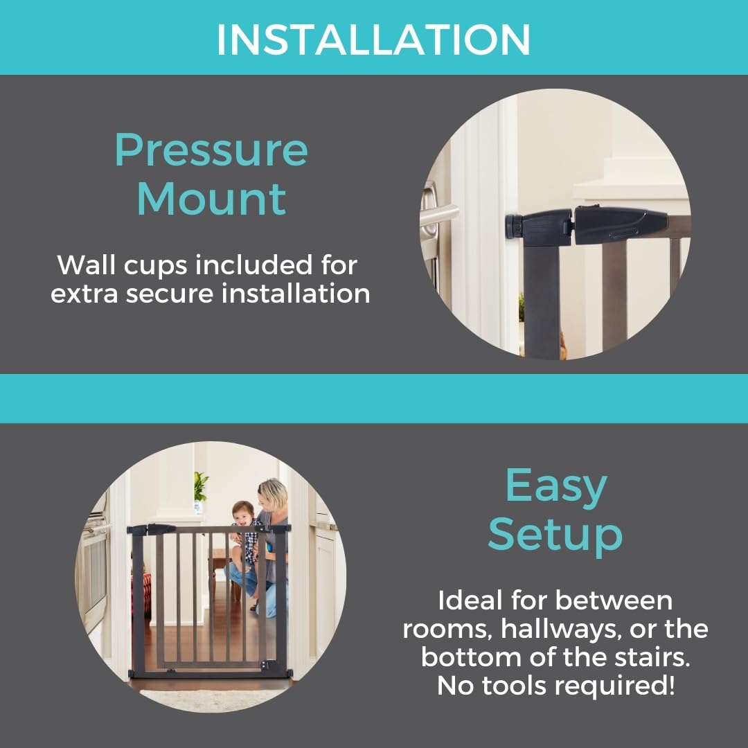 Toddleroo by North States Driftwood Extra Wide Auto Close Baby Gate: Self-Closing Child Gate with Hold-Open Feature. Pressure Mounted Baby Gate, Fits 29.75β to 52β Wide. (30" Tall, Graphite and Wood)