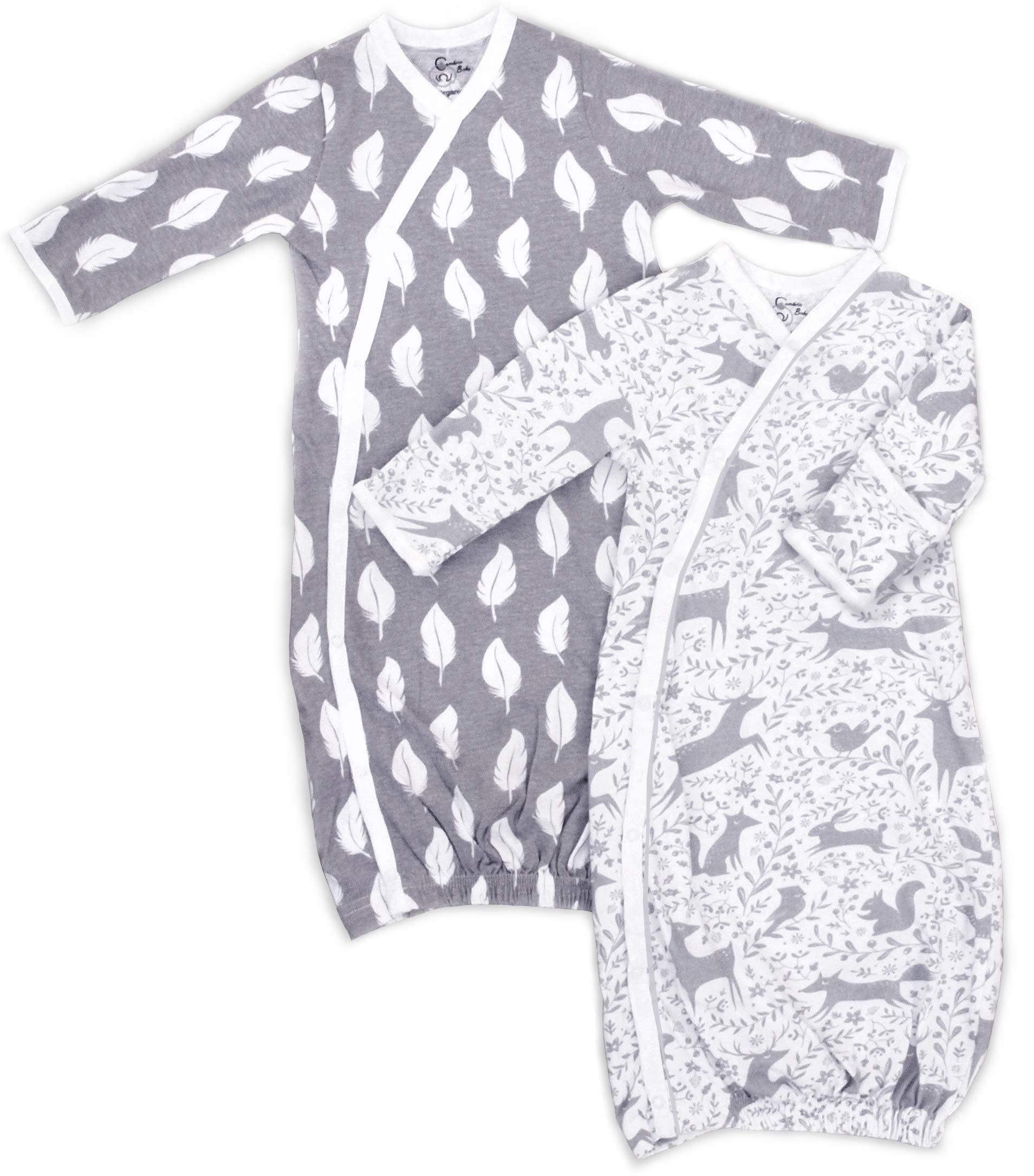 Cambria Baby 100% Organic Kimono Gowns. Side Snaps with Built in Mitts. (0-6 Months, Feathers and Forest Animals)