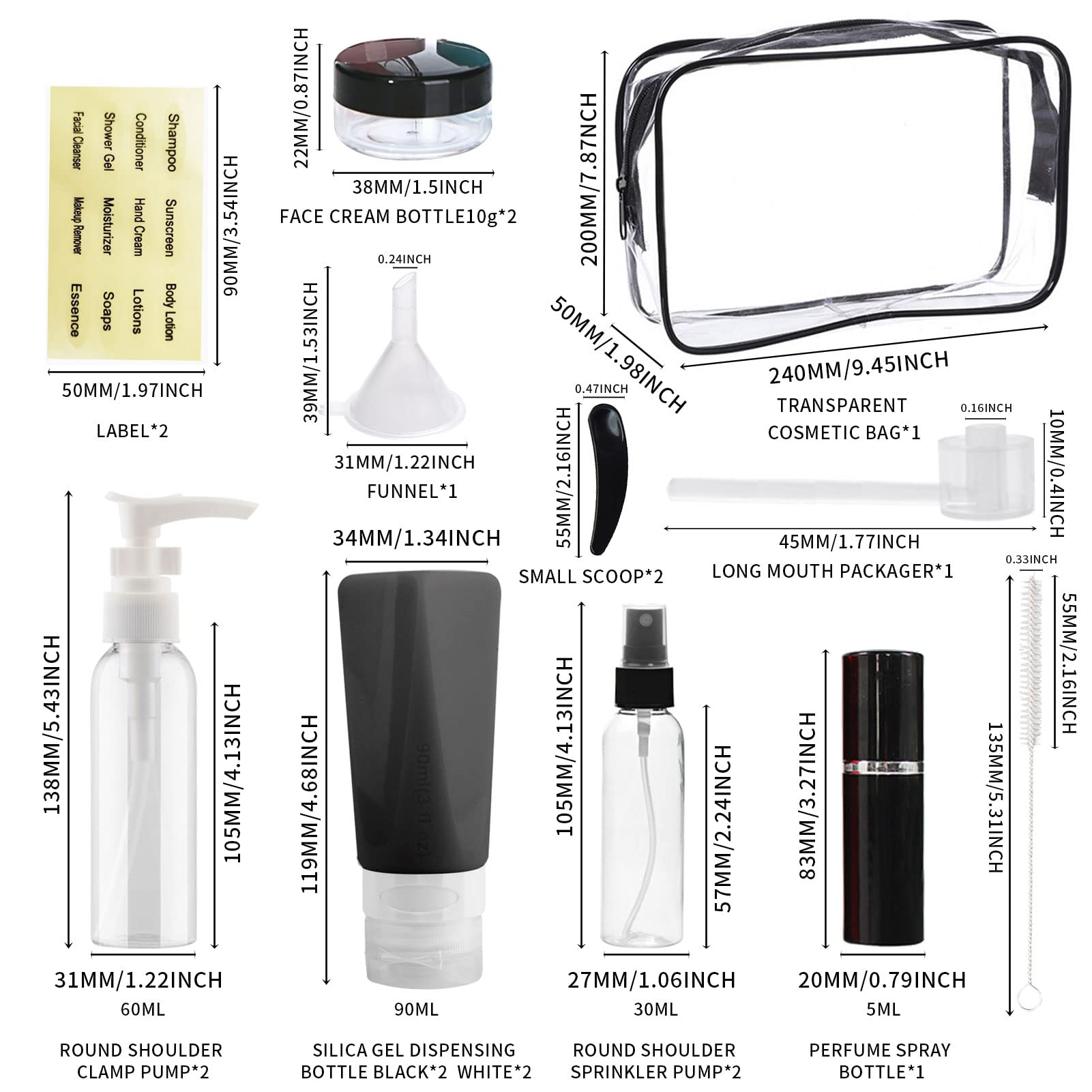 19Pack Empty Silicone Travel Size Toiletries Set, Leakproof Squeezable Spray Bottles Tubes, 1oz 2oz 3oz Refillable Cosmetic Container, Mini Perfume Atomizer Airplane Travel Essentials (White&Black)