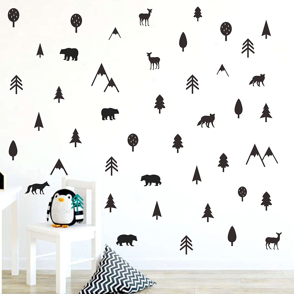 IKEYU Woodland Animals Wall Stickers Mountain Tree Wall Decals Black Vinyl Jungle Stickers Forest Animals Wall Decals for Kids Room Nursery Bedroom Decor