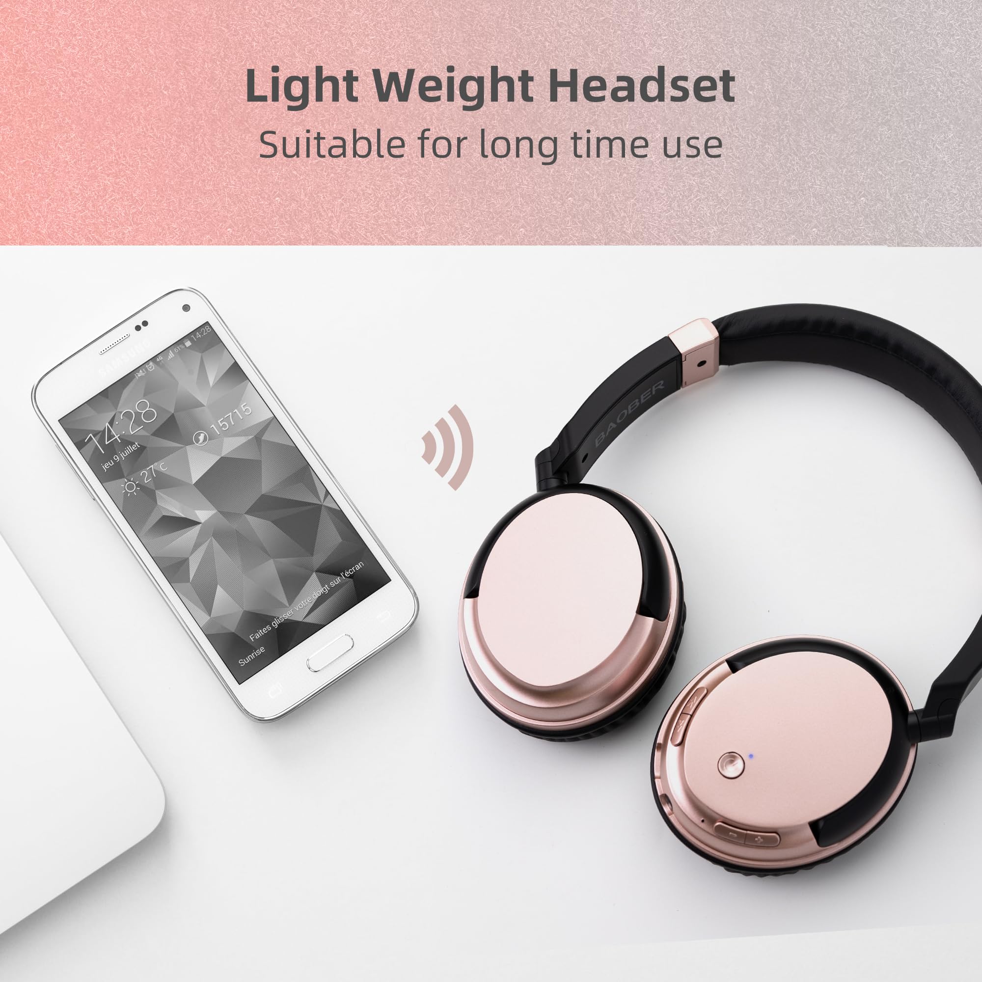 BAOBER Bluetooth Wireless Over Ear Light Weight Headphone with Low Latency USB Transmitter for TV,PC,3.5mm Audio Device, Stereo Wireless Headset Built-in Microphone for Cell Phone (Rose Gold)