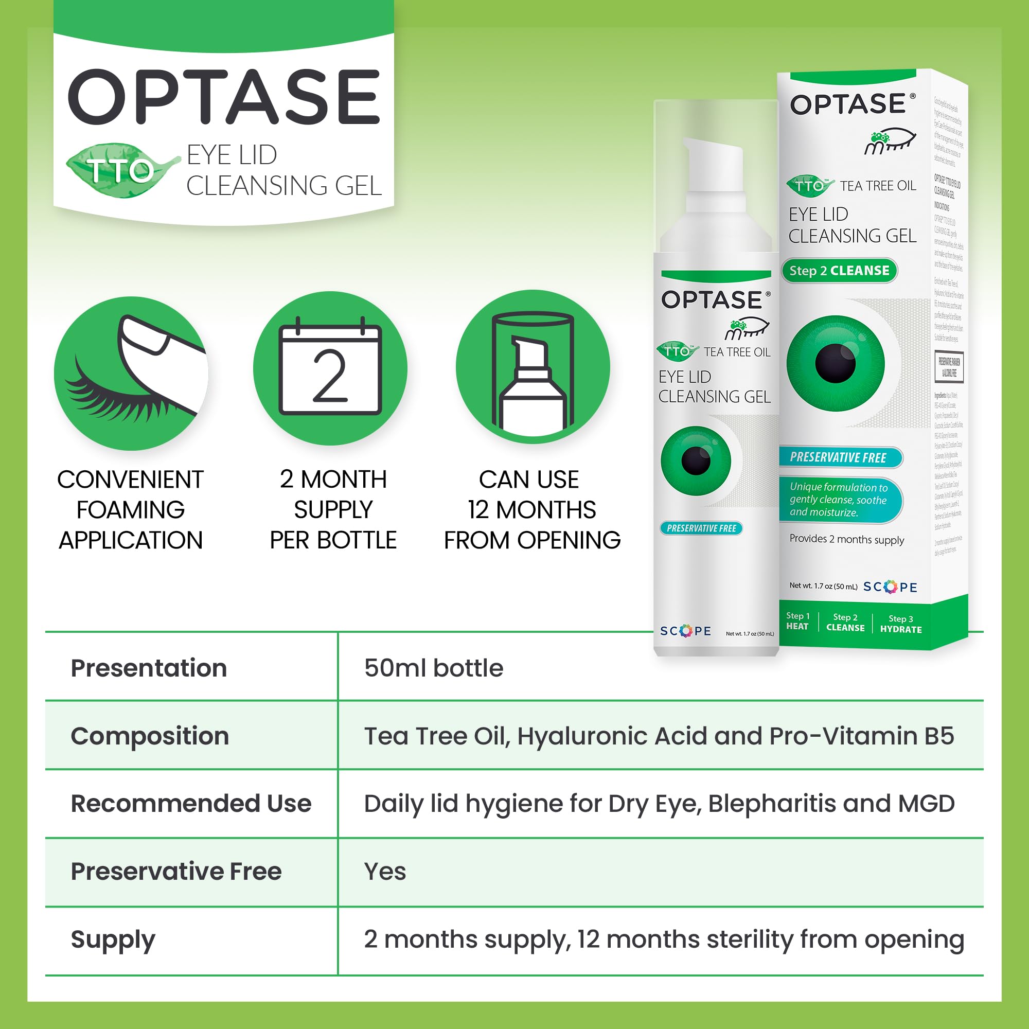 OPTASE TTO Eye Lid Cleansing Gel - Tea Tree Oil Cleanser - Preservative Free, Natural Ingredients - Soothes Dry Eye and Eyelid Irritation - Made With Pro-Vitamin B5-1.7 oz