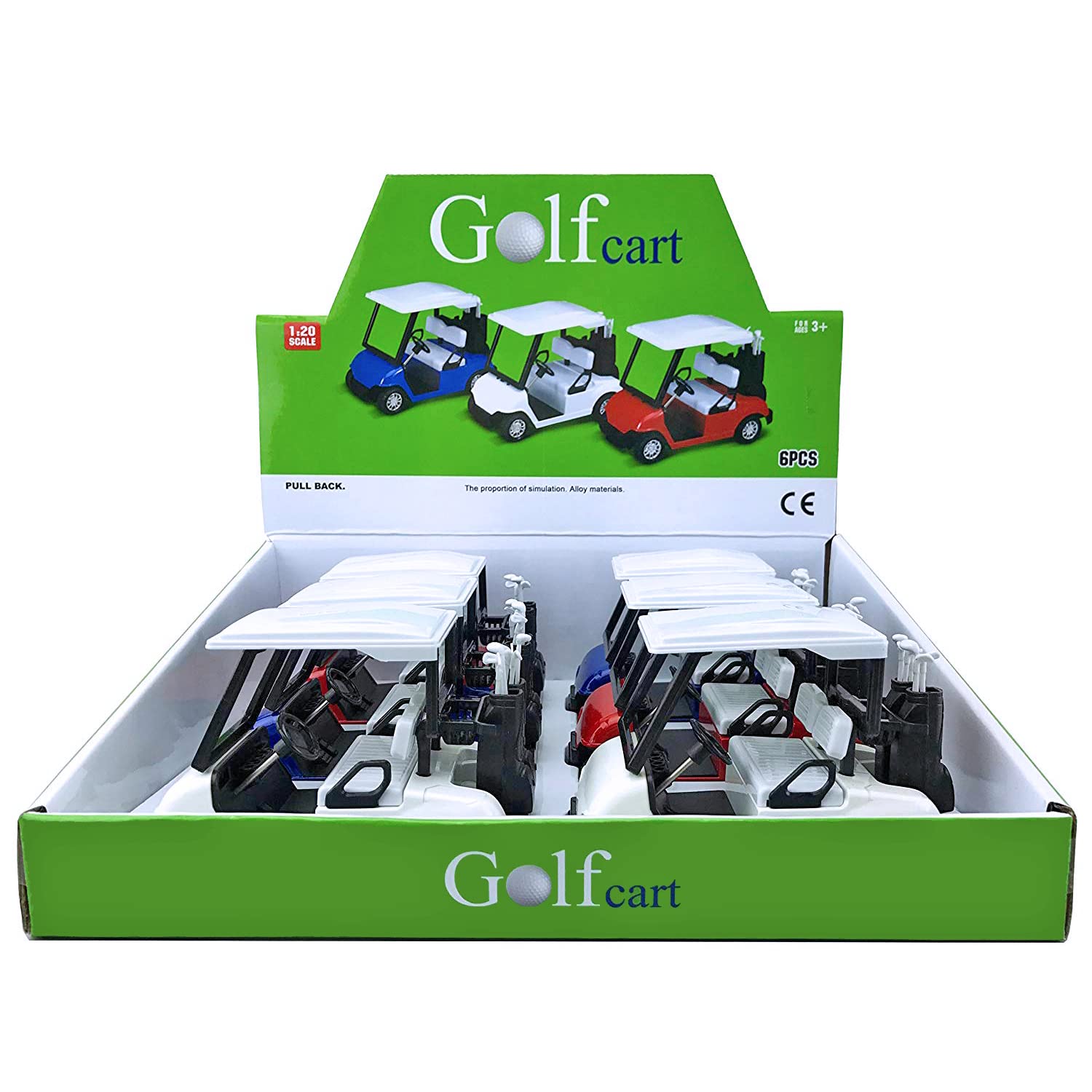6 Pack: Diecast Golf Carts Toy with Clubs, Alloy Metal Mini Model 1:20 Scale Golfcart Pullback Vehicles for Golfing Themed Office Desk Decor, Bulk Birthday Party Cake Decorations (4.75 Inches)