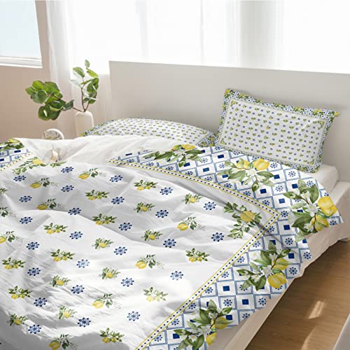 3 Pieces Duvet Cover California King Bedding Sets Summer Lemon Flower and Leaves Luxury Soft Comforter Cover with Pillowcases Retro Tile Lattice on White Microfiber Quilt Covers Set for Bedroom Decor