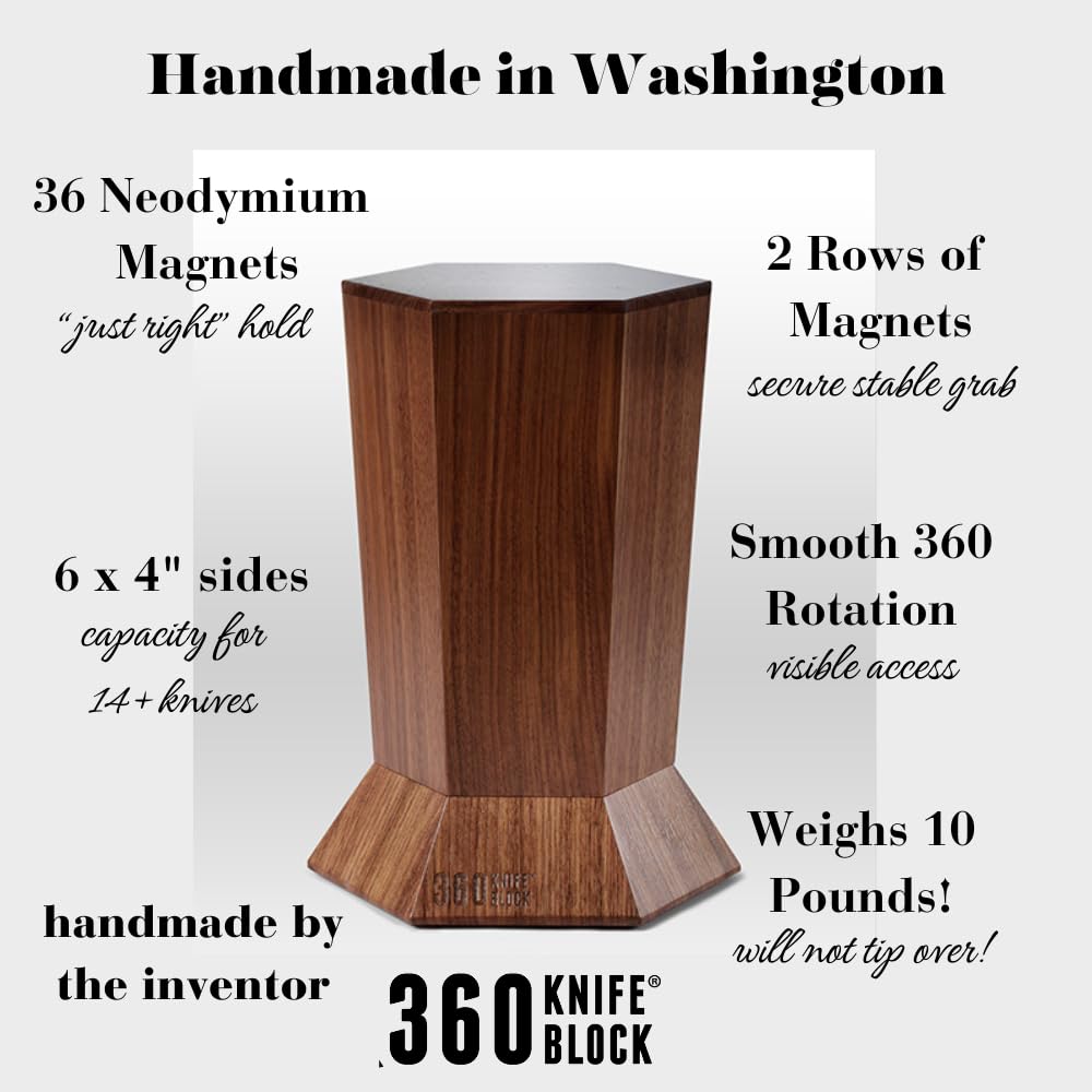 360 Knife Block - (Walnut) ROTATING Magnetic knife block - SeriousEats/ATK/Cooksillustrated BEST Universal Knife Block - handmade in Washington