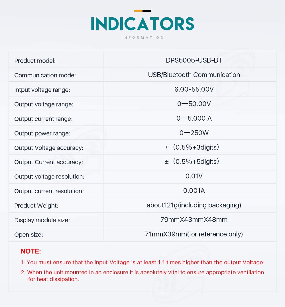 RD DPS5005 USB DC 6-55V to 0-50V 5A Constant DC DC Voltage Current Step-down Power Supply Module Buck Voltage Converter Voltmeter communication(DPS5005-USB-BT)