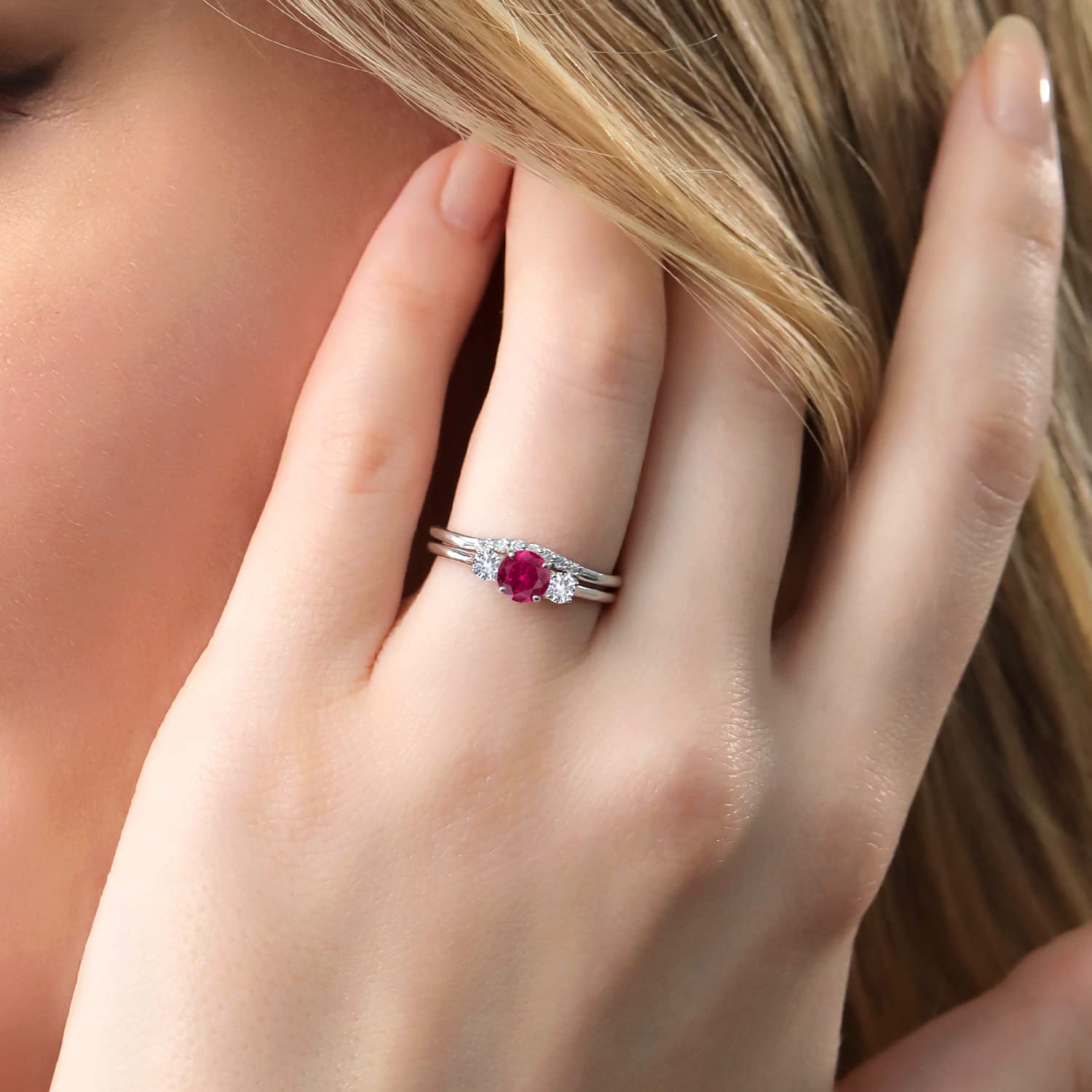 10K White Gold Red Created Ruby and White Created Sapphire and White Lab Grown Diamond 3-Stone Bridal Engagement Wedding Ring Set For Women (0.93 Cttw, Gemstone July Birthstone, Round 5MM, Size 6)