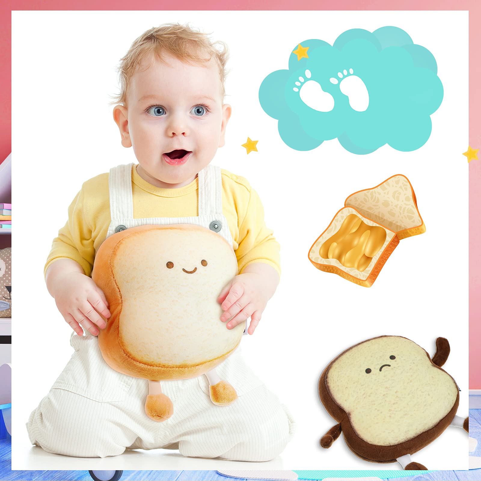 2 Pieces Toast Bread Pillows Bread Shape Pillows 2 Styles Funny Food Bread Pillow Facial Expression Stuffed Plush Toast Sofa Pillow Food Cushion Stuffed Toy for Kids Adults Home Room Decor