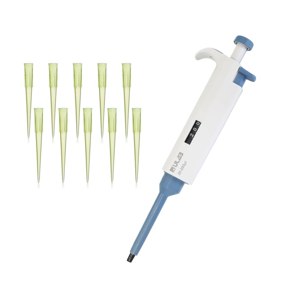 ULAB Single Channel Pipettor with Pipette Tips Offered, 1pc of Adjustable Volume Micro Pipette with Vol.Range.20-200Îźl, 1000pcs of Vol.200Îźl Pipette Tips in Yellow Color, ULH1020