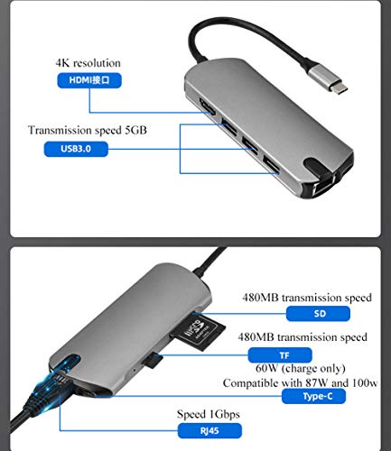 XUNMAIFHB Portable Docking Station,8-in-1 USB Type-c Converter 1 Drag 8 Computer Splitter USB3.0A, HDMI, RJ45 (Gigabit) TF/SD, PD Fast Transmission