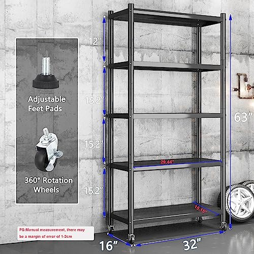 5 Tier Lightweight Storage Metal Shelves, Kitchen Storage Shelves Garage Shelving Unit, Large Capacity Storage Rack, Utility Shelf for Pantry Closet Office Laundry (32" Lx16โ Wx63โ H)