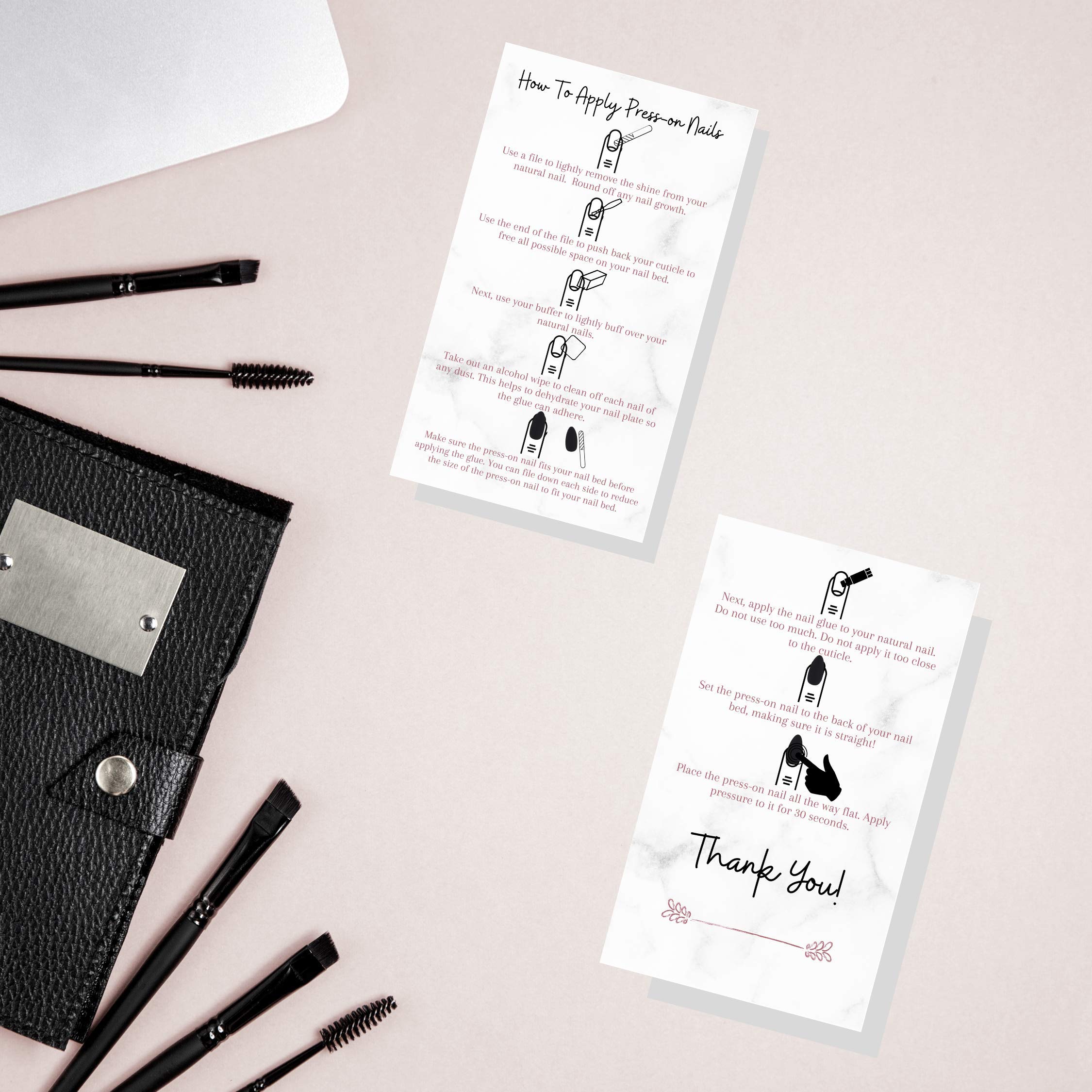 Press-On Nail Application Instructions Cards | 50 Pack | 2x3.5" inch Business Card Size | DIY Press-On Nail Kit | Marble with Rosey Gold Design