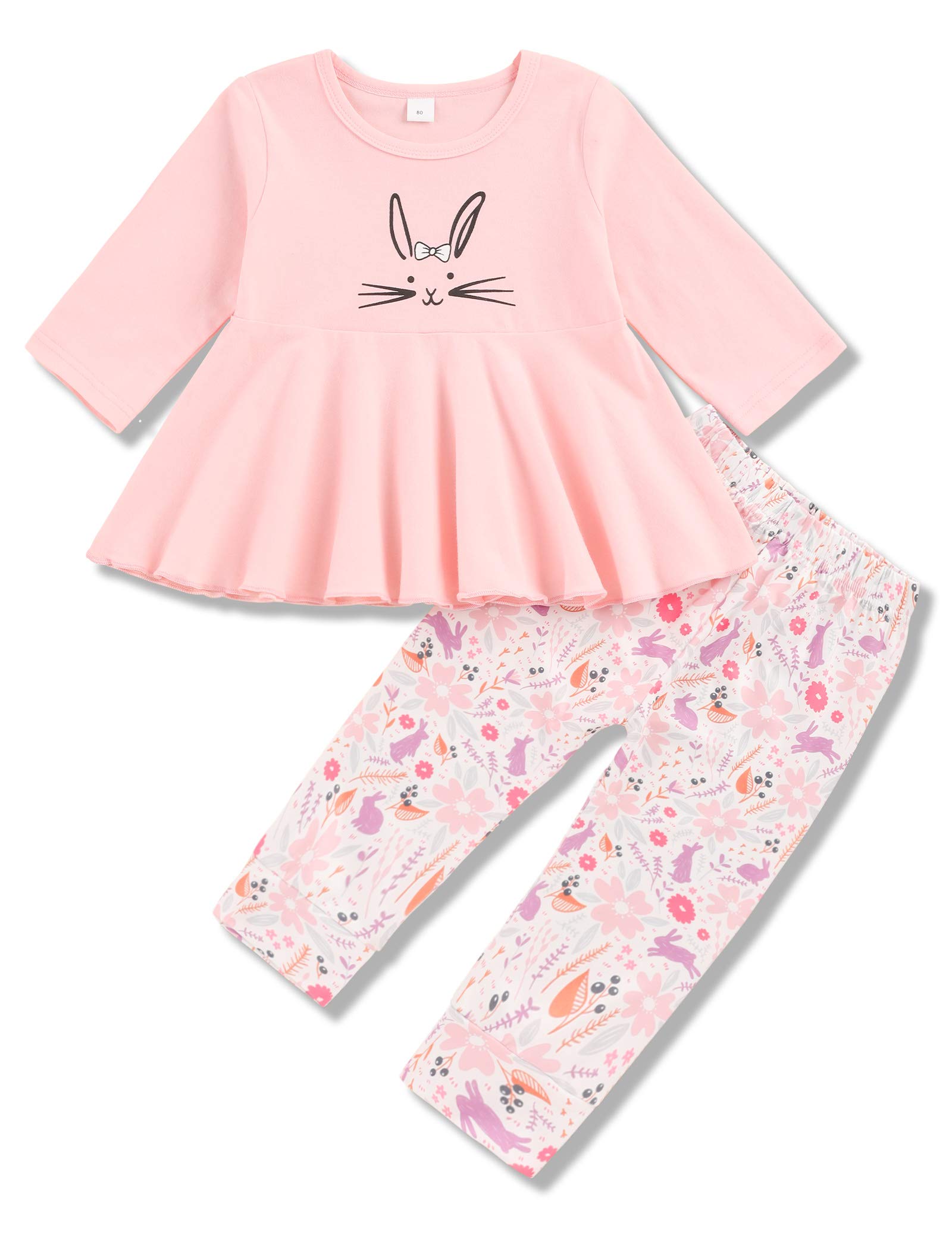 bilison Toddler Baby Girl Easter Outfit Sets Cute Long Sleeve Dress Top Bunny Floral Pants Girl Easter Clothes Sets